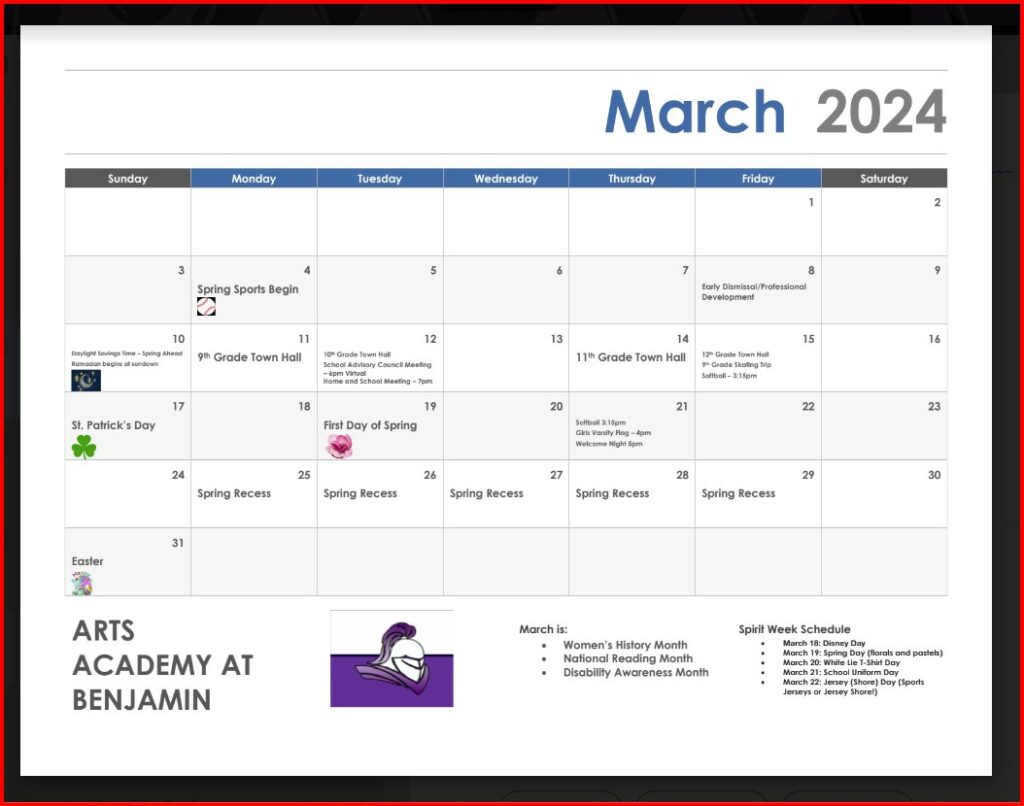 Rush Monthly Calendar – Arts Academy At Benjamin Rush