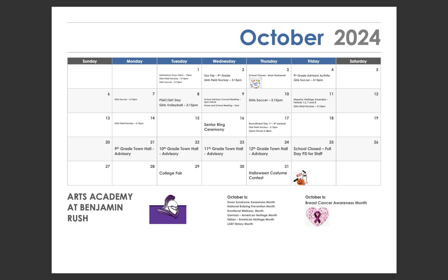 Rush Monthly Calendar – Arts Academy At Benjamin Rush